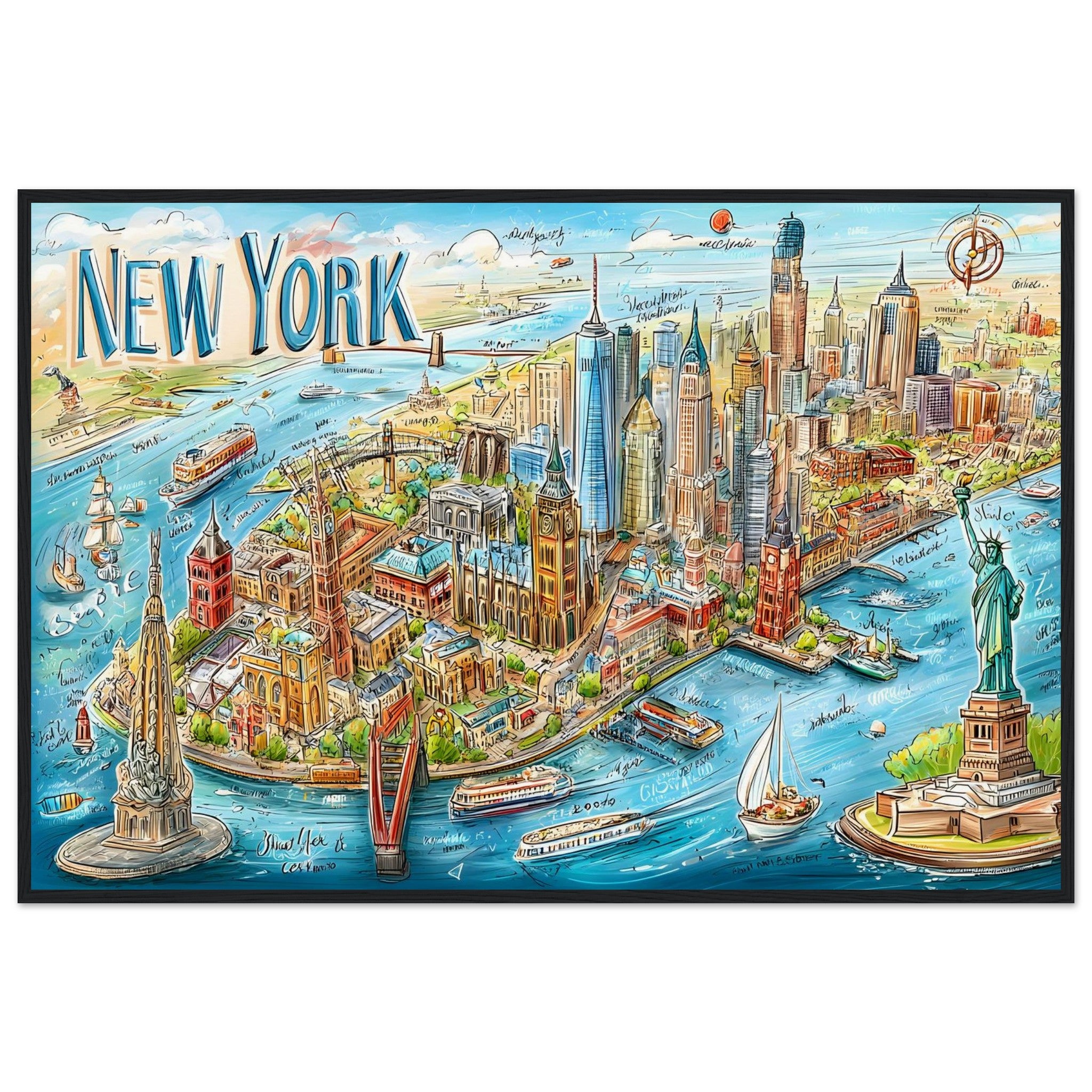 Whimsical New York City Illustrated Map – Framed Museum-Quality Wall A ...
