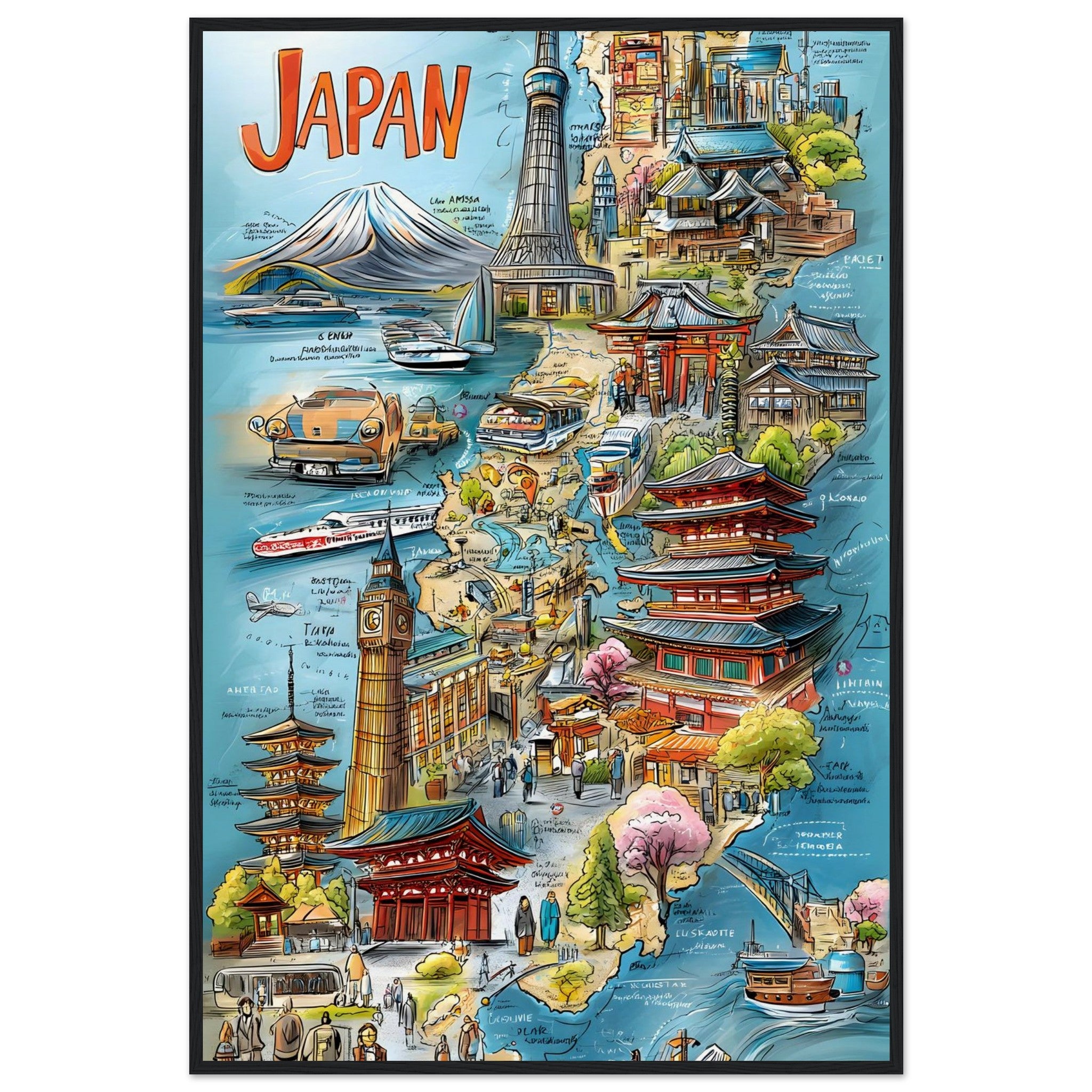 Illustrated Map of Japan – Framed Wall Art Featuring Iconic Landmarks ...