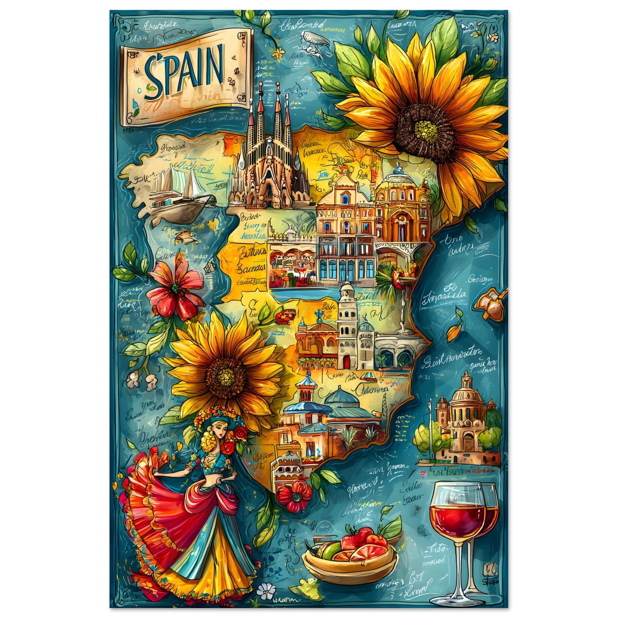 🇪🇸 Viva España – Vibrant Illustrated Map of Spain Aluminum Wall Art ...